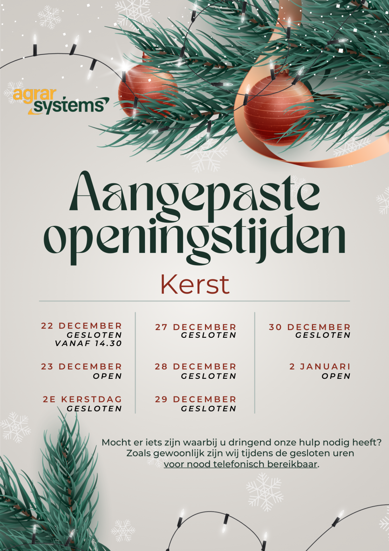 Let op! Aangepaste openingstijden rondom kerstdagen - Agrar Systems